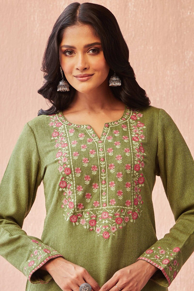 Buy Green Handcrafted Straight Faux Wool Kurta for Women | FGMK23-494 ...