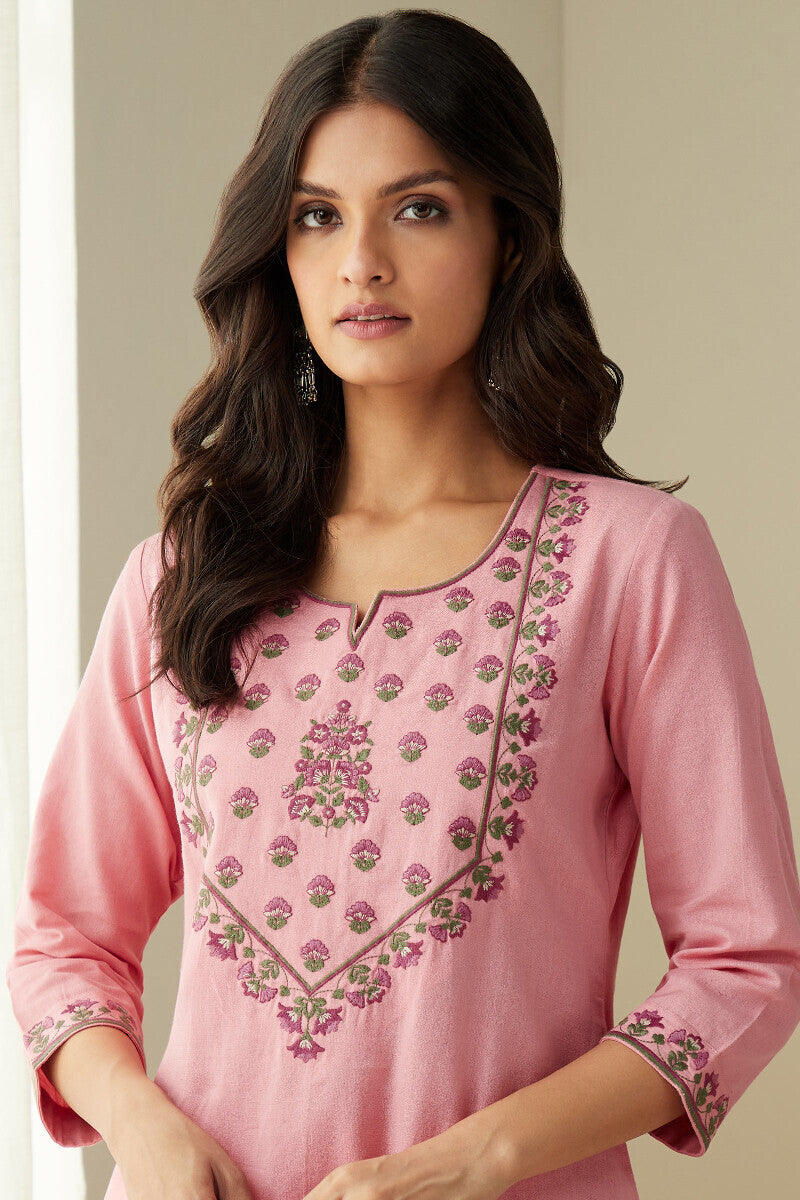 Buy Pink Handcrafted Straight Cotton Flax Kurta for Women | FGMK24-337 ...
