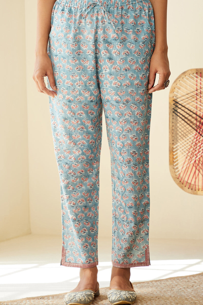 Buy Blue Hand Block-Printed Cotton Dobby Narrow Pants for Women ...