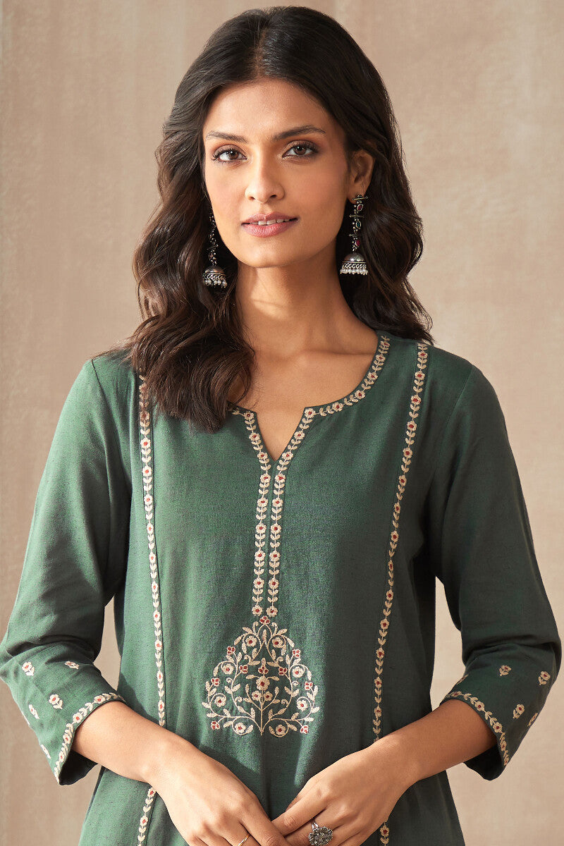 Buy Green Handcrafted Straight Cotton Flax Kurta for Women | FGMK23-417 ...