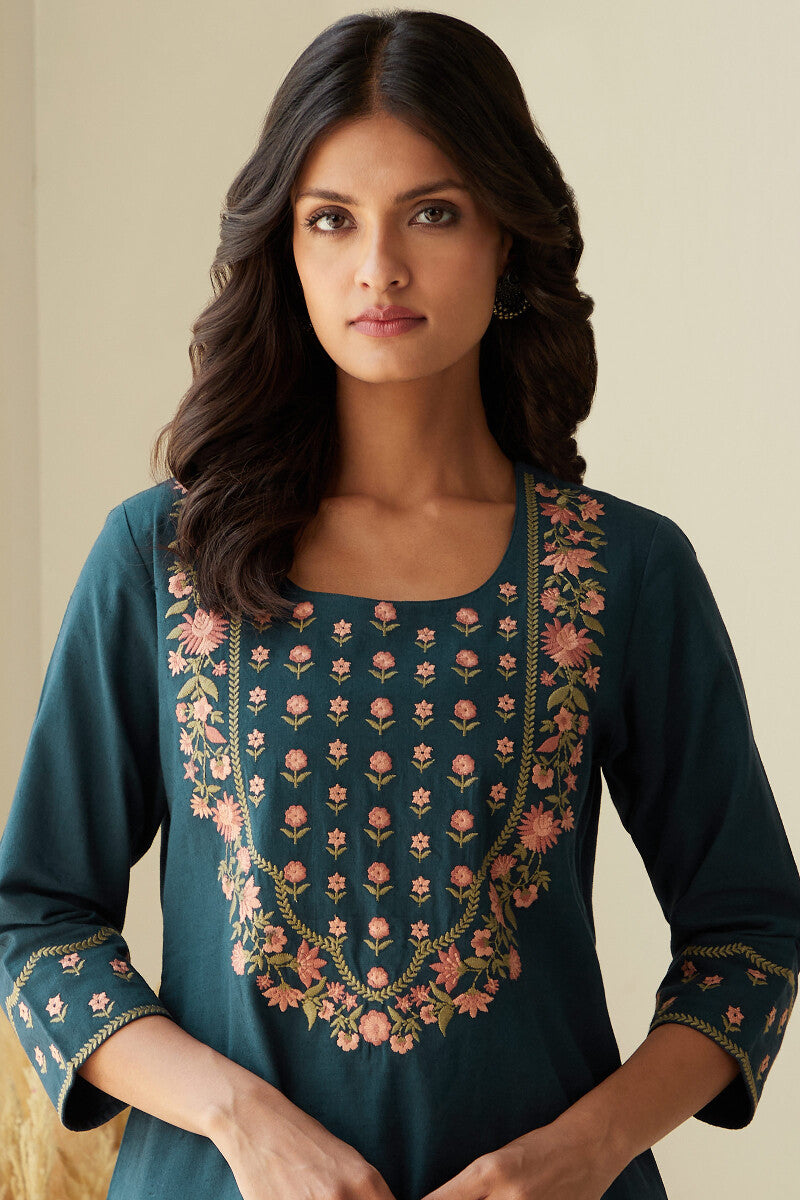 Buy Indigo Handcrafted Straight Cotton Linen Kurta for Women | FGMK24 ...