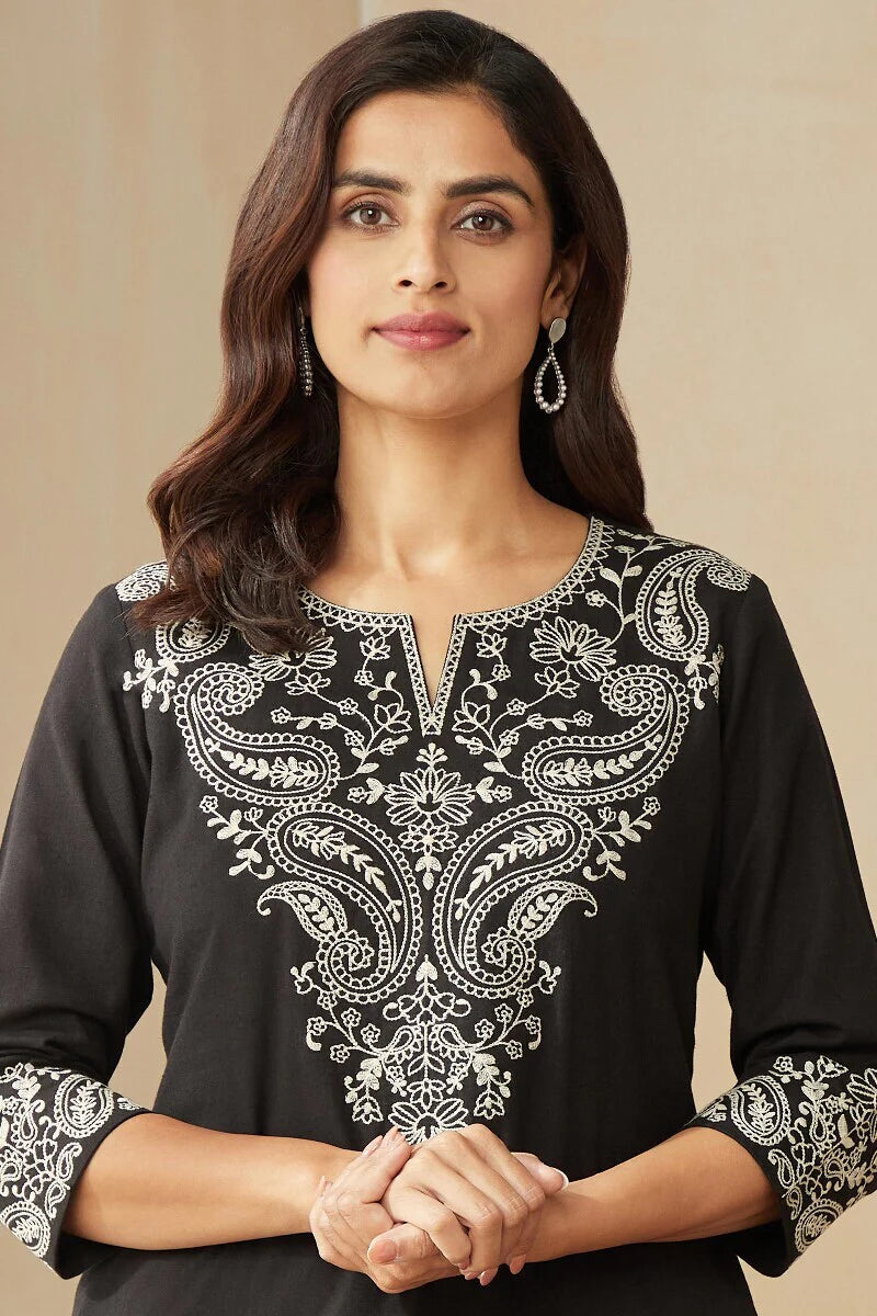Buy Black Handcrafted Straight Cotton Flax Kurta for Women | FGMK24-847 ...