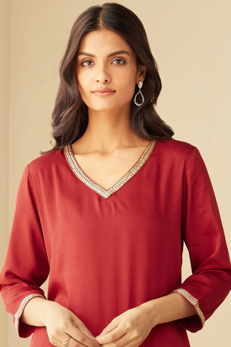 Buy Red Handcrafted Straight Modal Satin Kurta for Women | FGMK24-39 ...