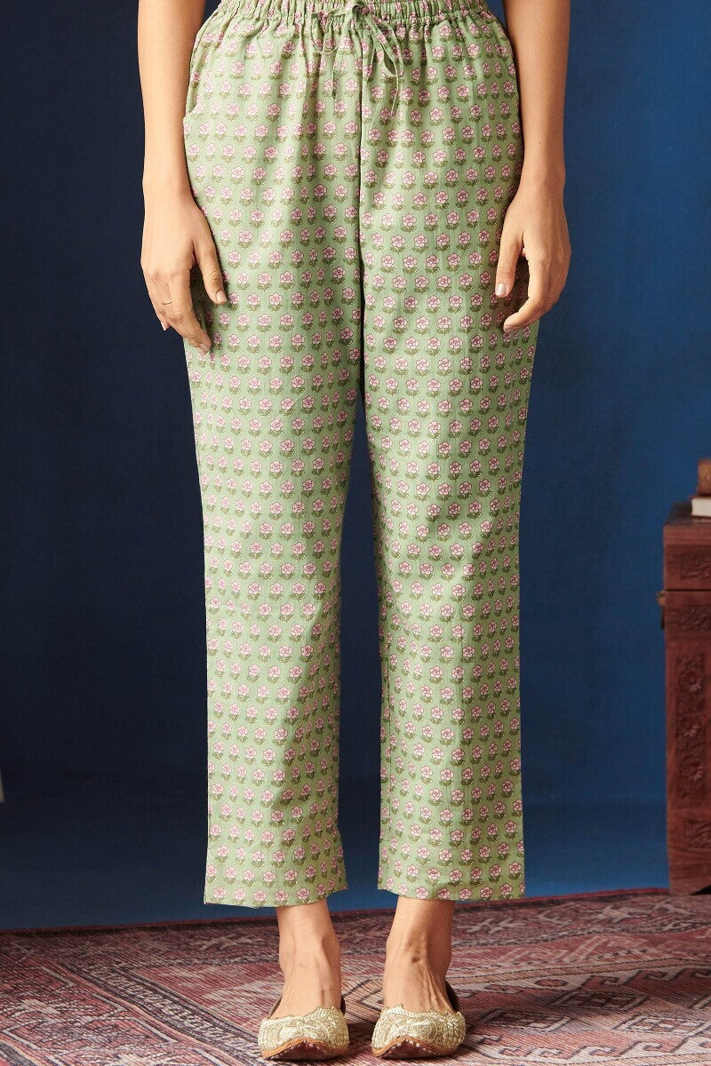 Buy Green Hand Printed Cotton Narrow Pants for Women | FGNP25-32 ...