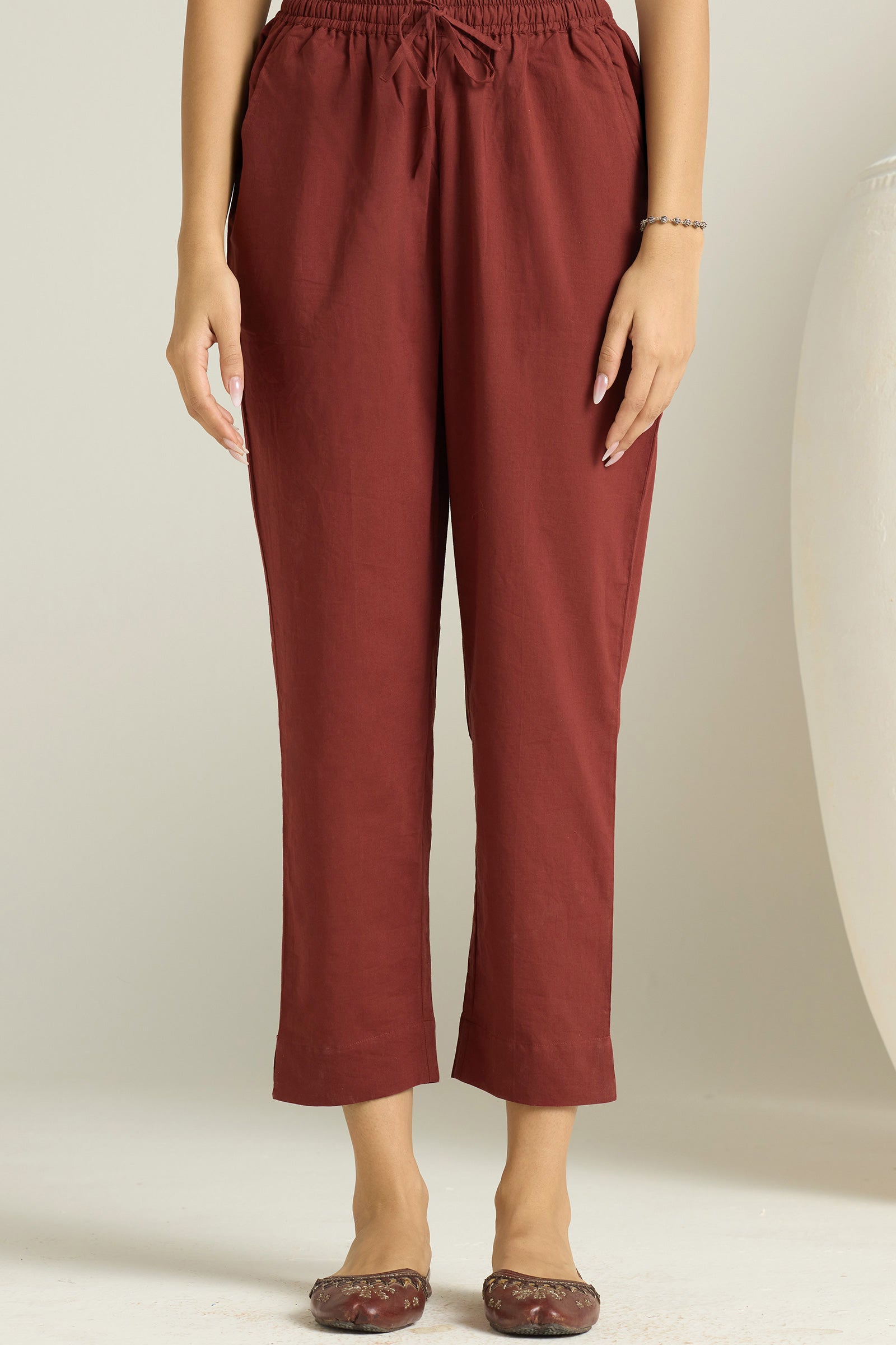 Buy Maroon Handcrafted Cotton Narrow Pants for Women | Comfortable ...