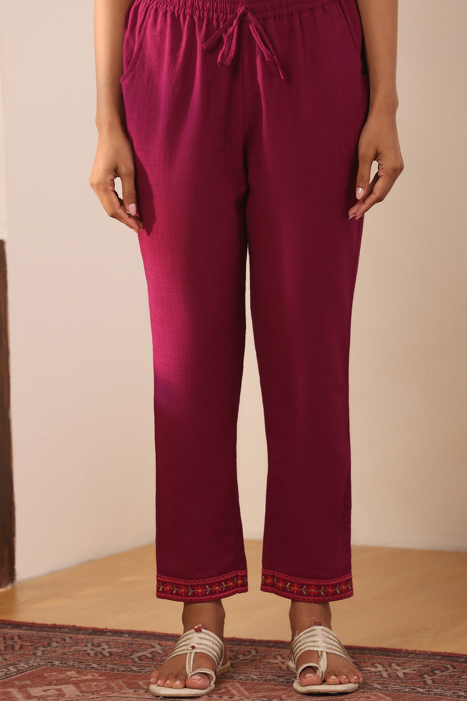 Buy Purple Handcrafted Gauze Slub Narrow Pants for Women | Straight ...