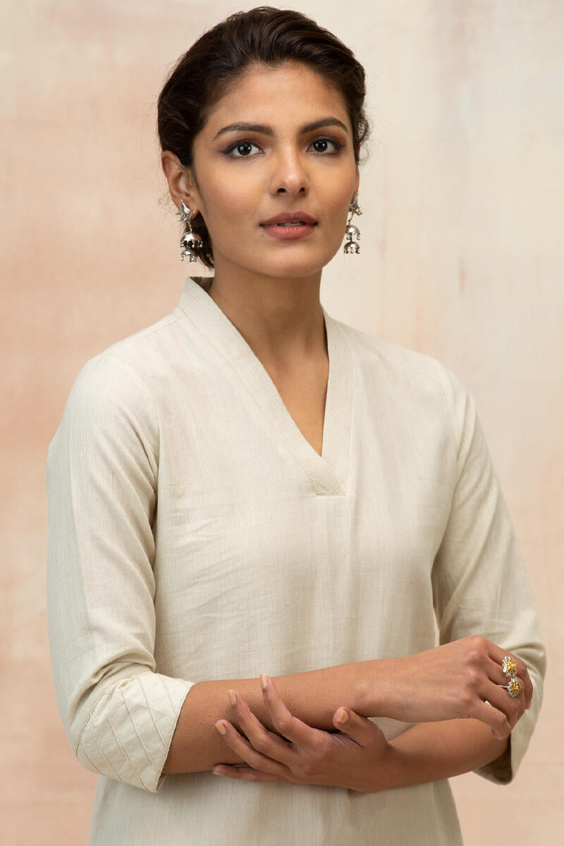 Buy Beige Handcrafted Straight Cotton Kurta for Women | FGMK20-175 ...