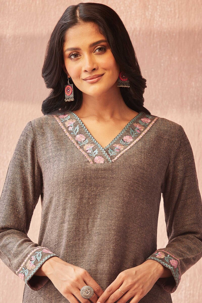 Buy Brown Handcrafted Straight Faux Wool Kurta for Women | FGMK23-621 ...