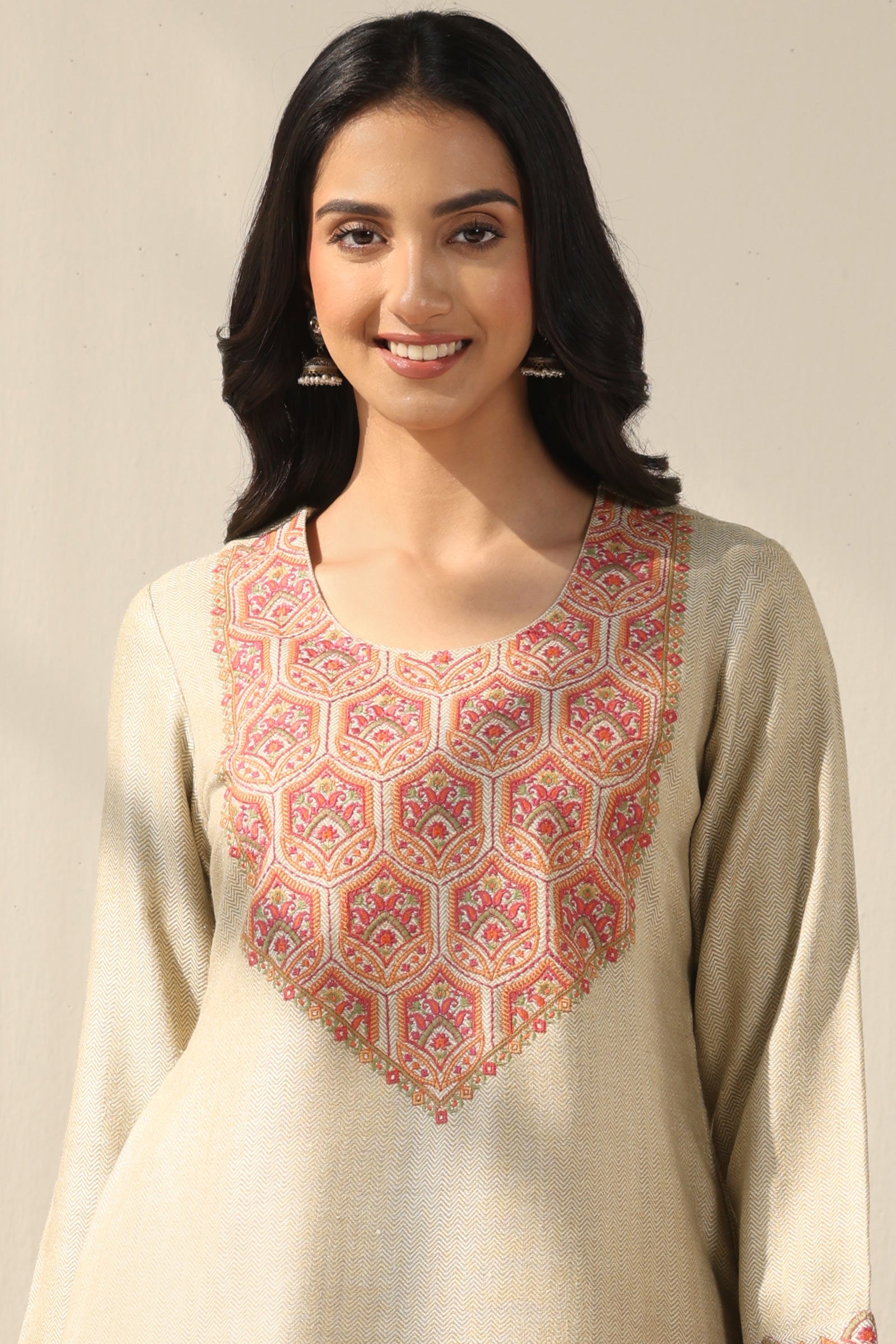 Buy Beige Handcrafted Straight Faux Wool Kurta for Women | FGMK24-1177 ...