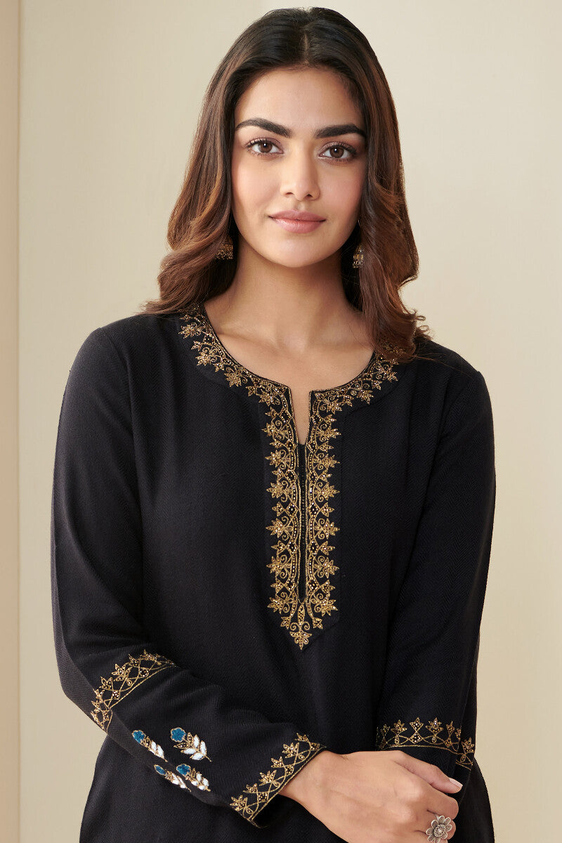 Buy Black Handcrafted Straight Faux Wool Kurta for Women | FGMK22-382 ...