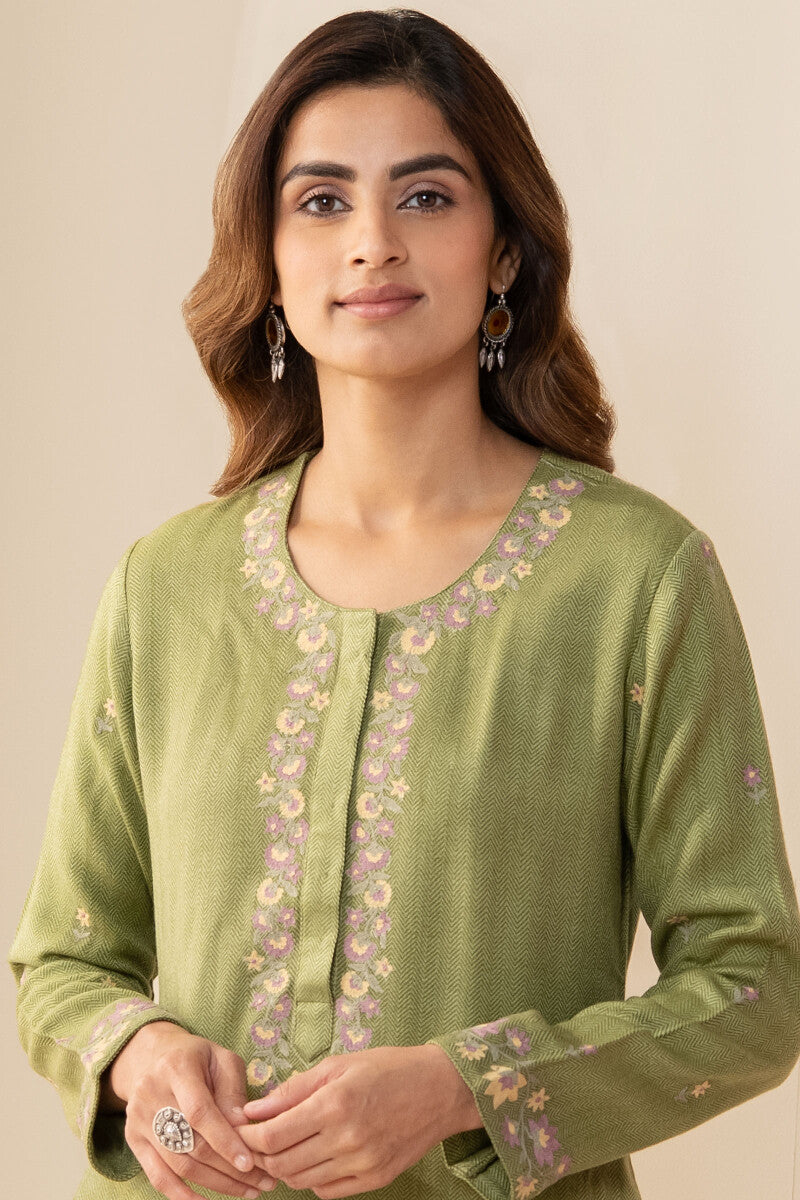 Buy Green Handcrafted Straight Faux Wool Kurta for Women | FGMK22-408 ...